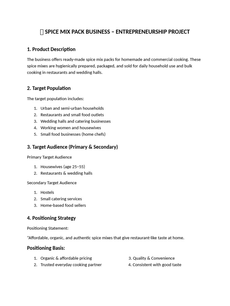 Spice Mix Pack Business Plan | PDF | Business Process | Market (Economics)