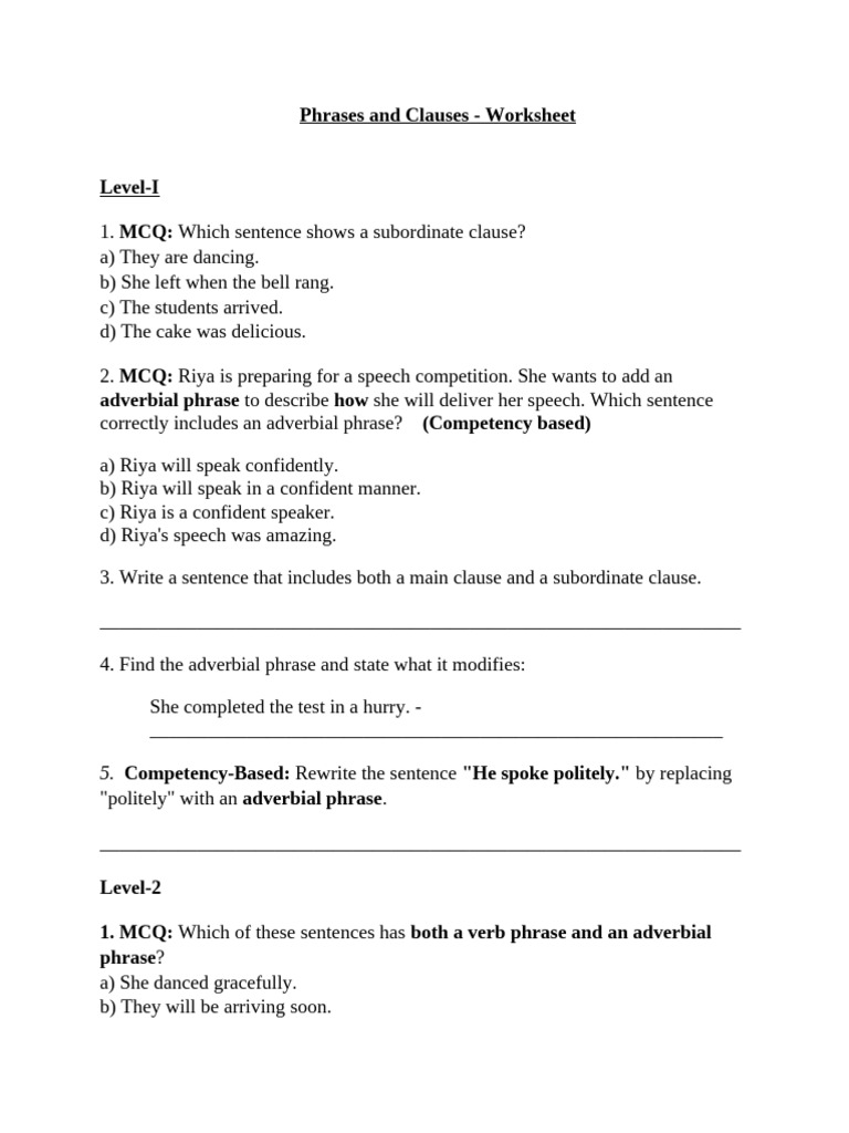 Phrases and Clauses Worksheet for Students | PDF | Phrase | Sentence ...