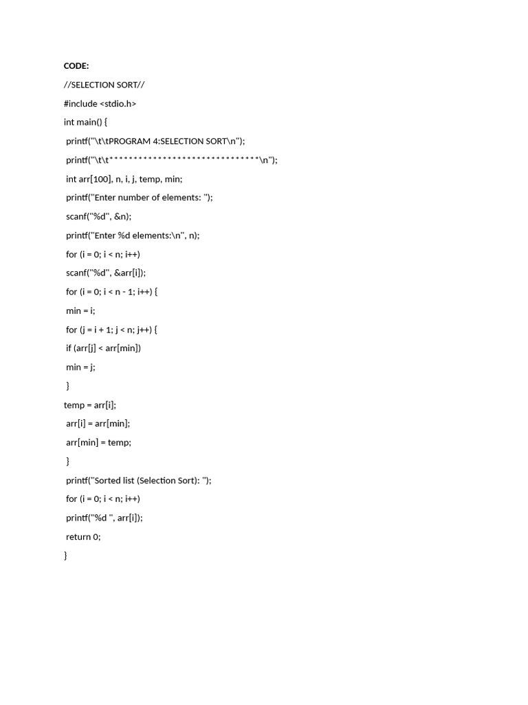 Selection and Bubble Sort Programs | PDF