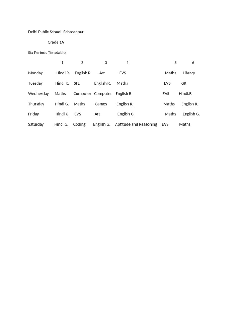 Grade 1A Timetable at DPS Saharanpur | PDF