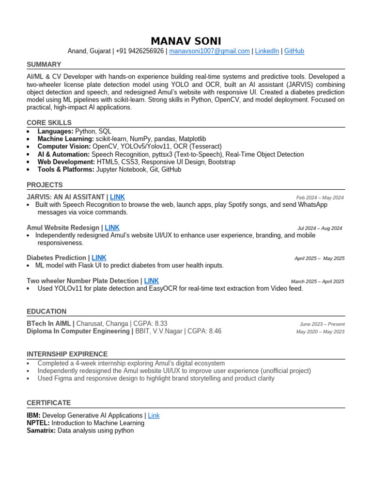 Manav AIML Engineer | PDF | Artificial Intelligence | Intelligence (AI ...