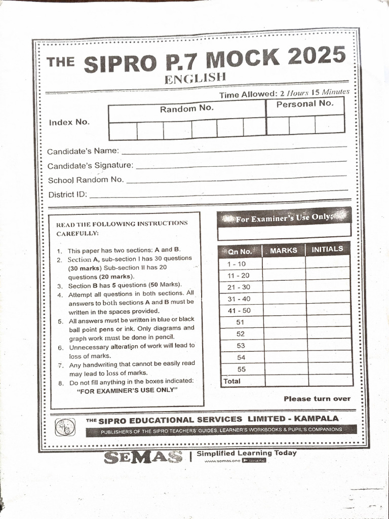 The Sipro p.7 English Language Mock 2025 | PDF