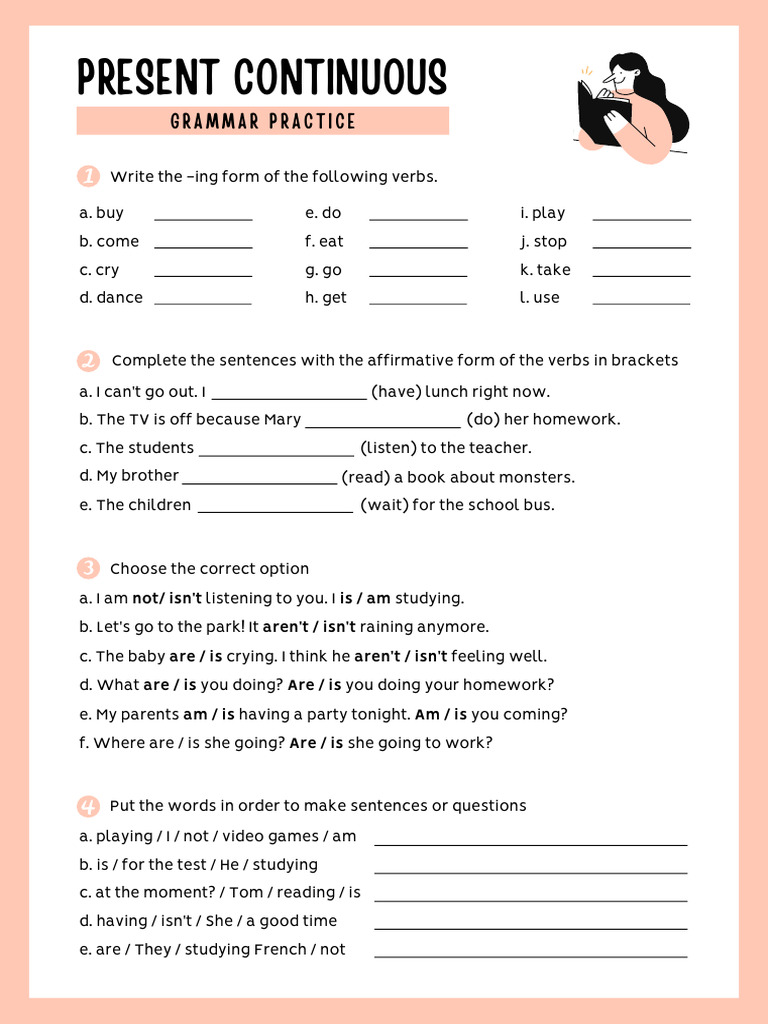 White Pink Present Continuous Grammar Practice Worksheet | PDF