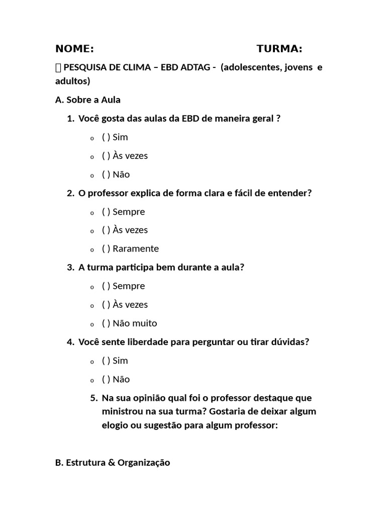 ? Pesquisa de Clima Alunos | PDF
