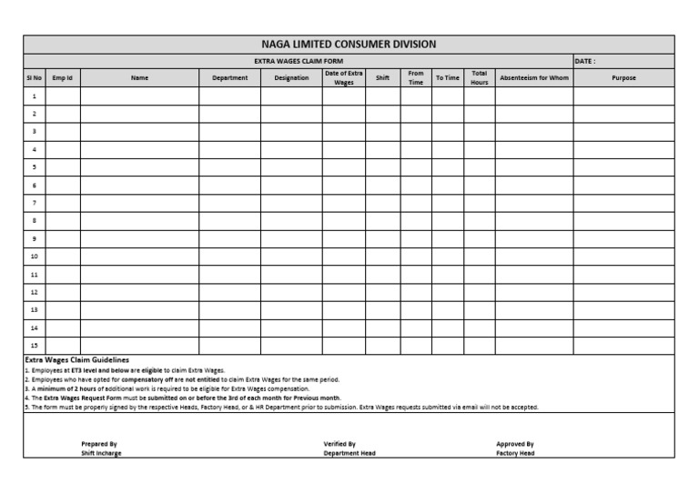 Extra Wages Claim Form | PDF