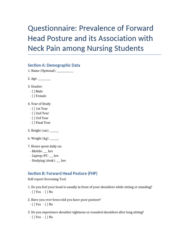 FHP Neck Pain Questionnaire | PDF
