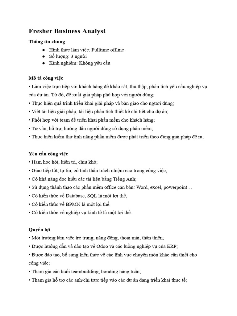 JD Fresher Business Analyst | PDF