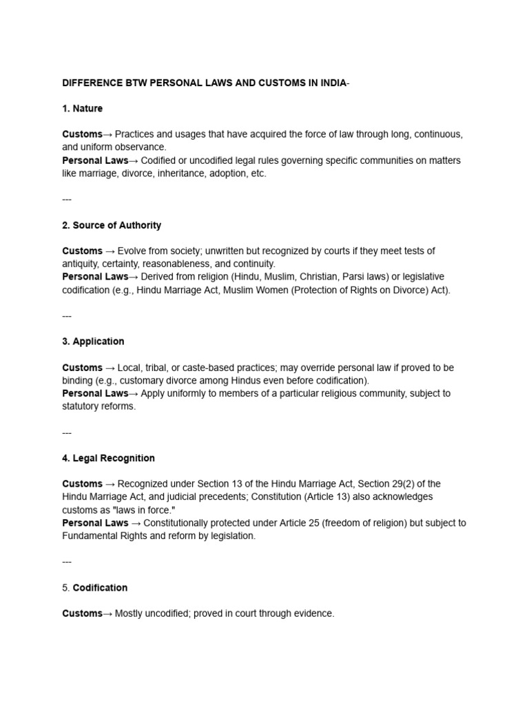 Personal Laws vs. Customs in India | PDF