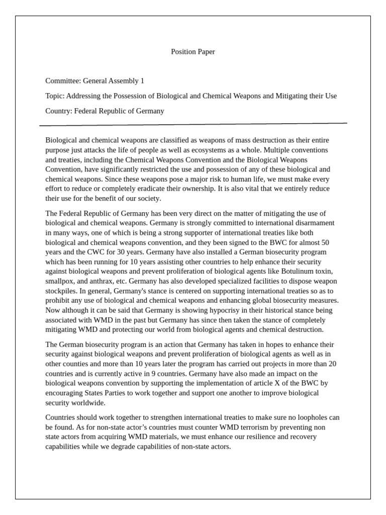 Federal Republic of Germany Position Paper | PDF | Chemical Warfare ...
