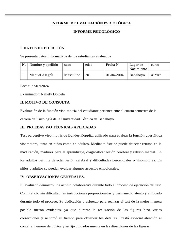 Informe Test de Bender | PDF | Cociente de inteligencia | Las emociones