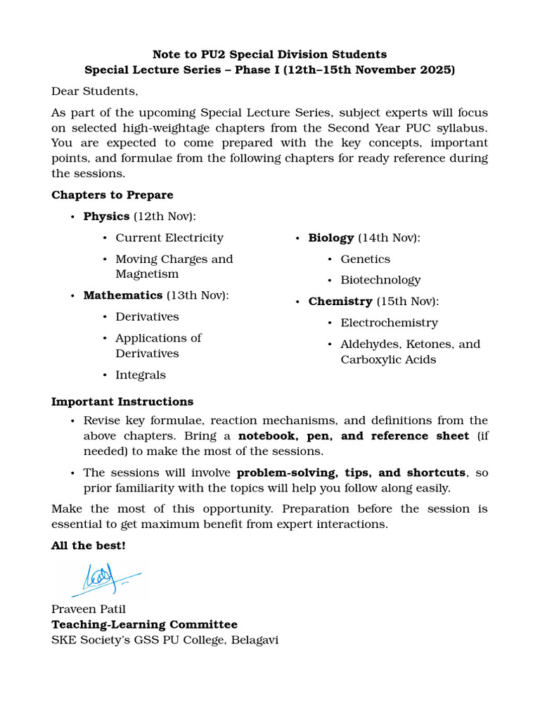 Spl Class Lecture Series Note to Students | PDF