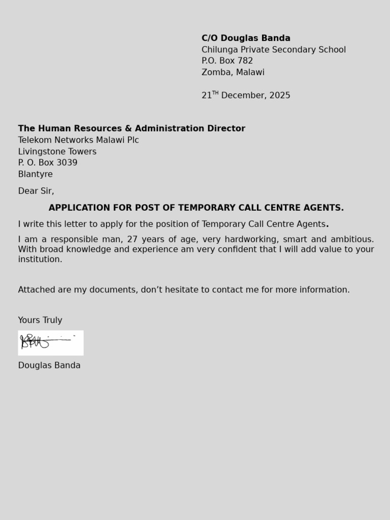 Application for Temporary Call Centre Agent | PDF | Mathematics | Malawi