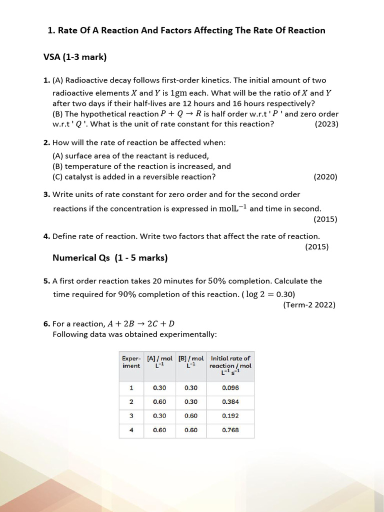 Chemical Kinetics Pyqs Pdf Reaction Rate Chemical Kinetics