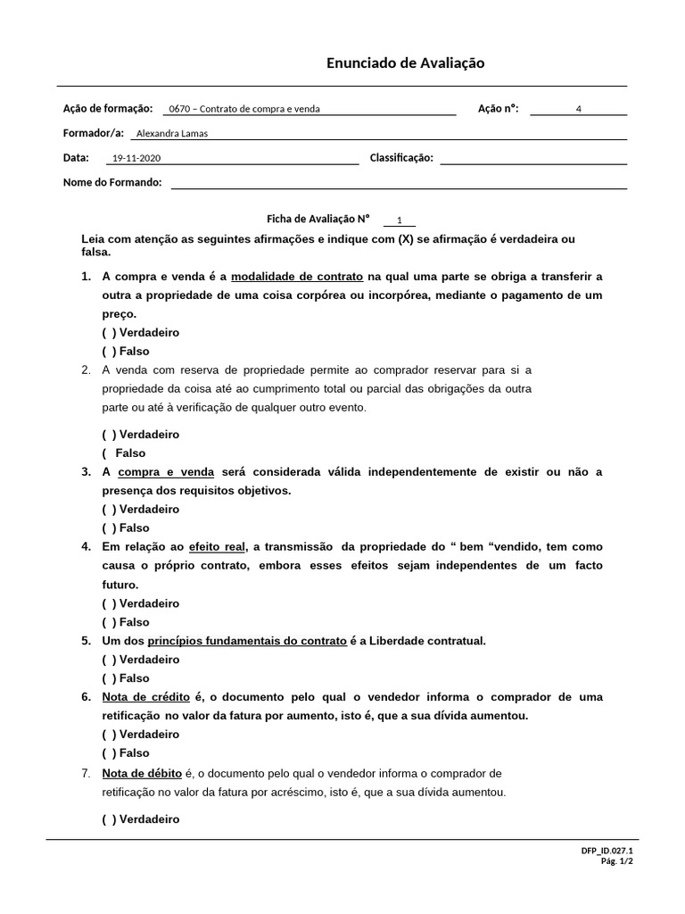 ficha de trabalho (contrato de compra e venda) | PDF | Cheque (banco)