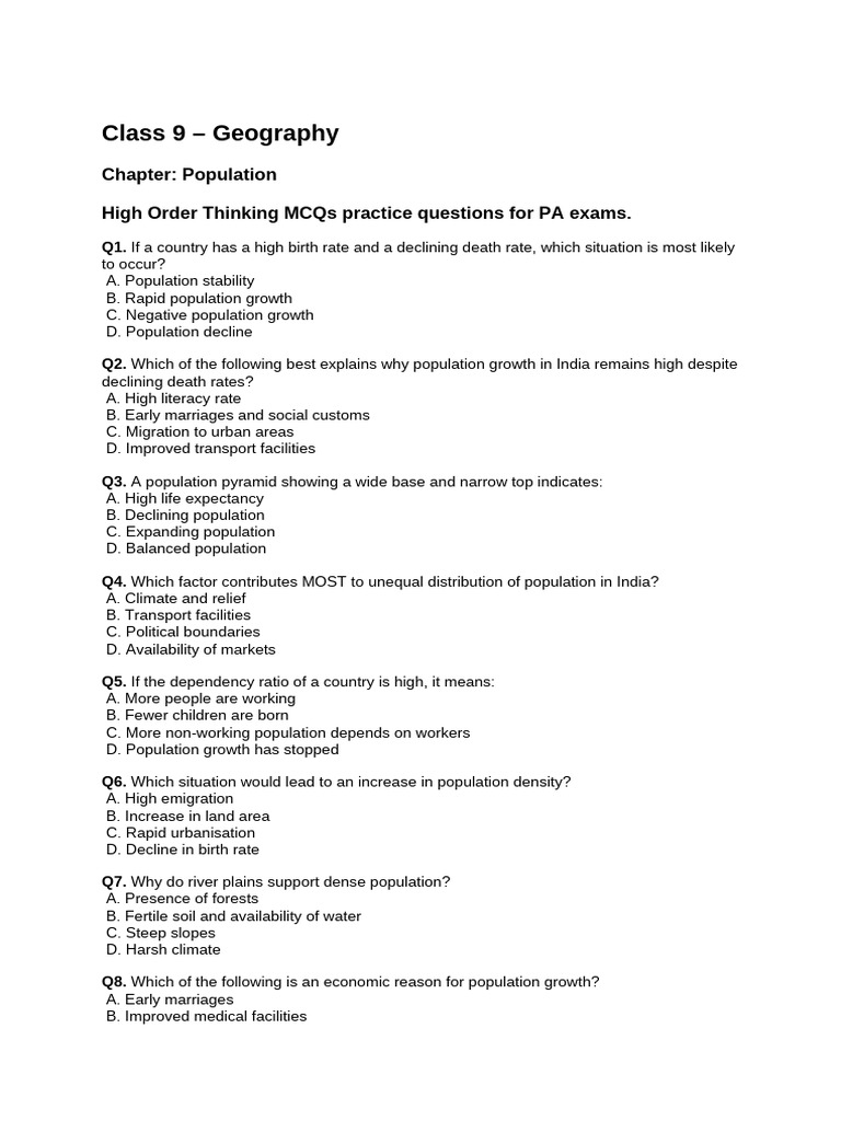 Class 9 Geography: Population MCQs | PDF | Population Growth | Birth Rate