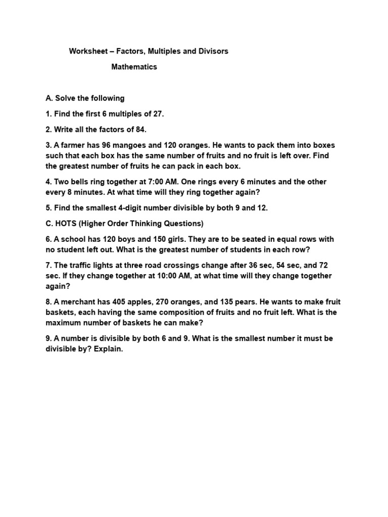 Factors, Multiples, and Divisors Worksheet | PDF
