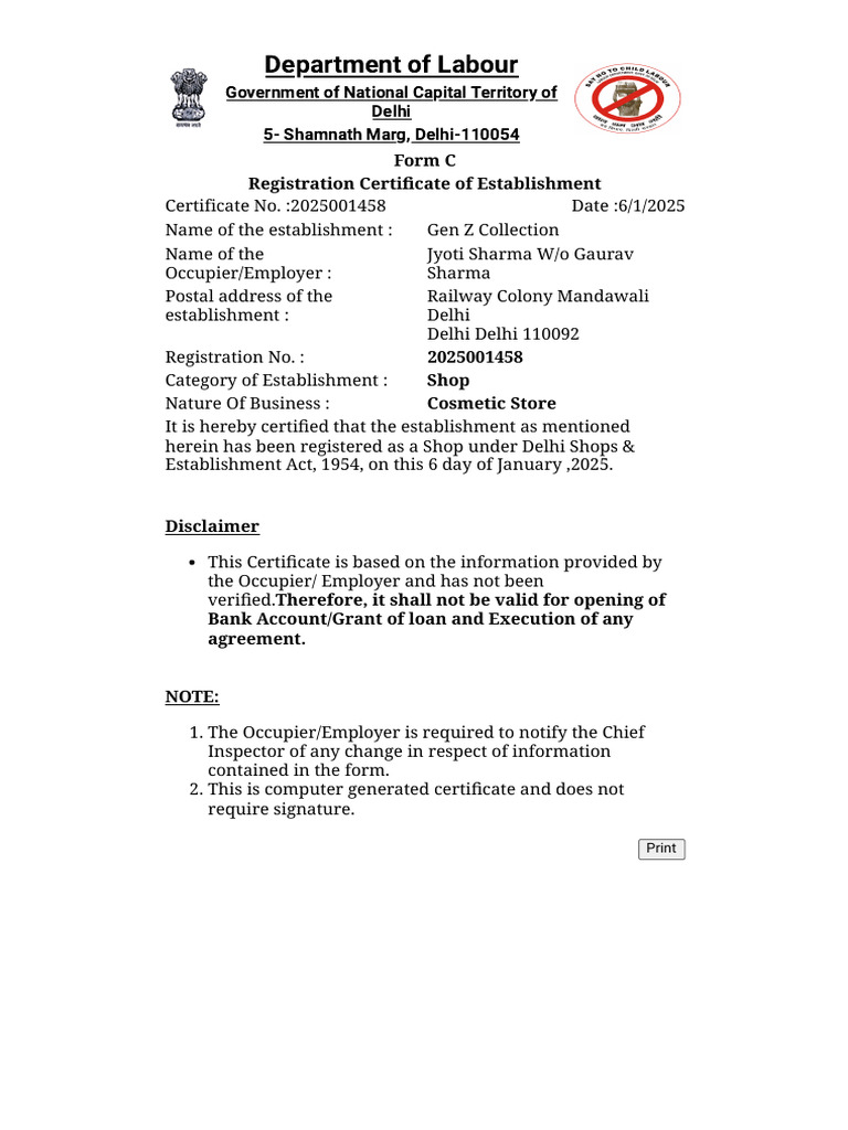 Registration Certificate for Gen Z Collection | PDF