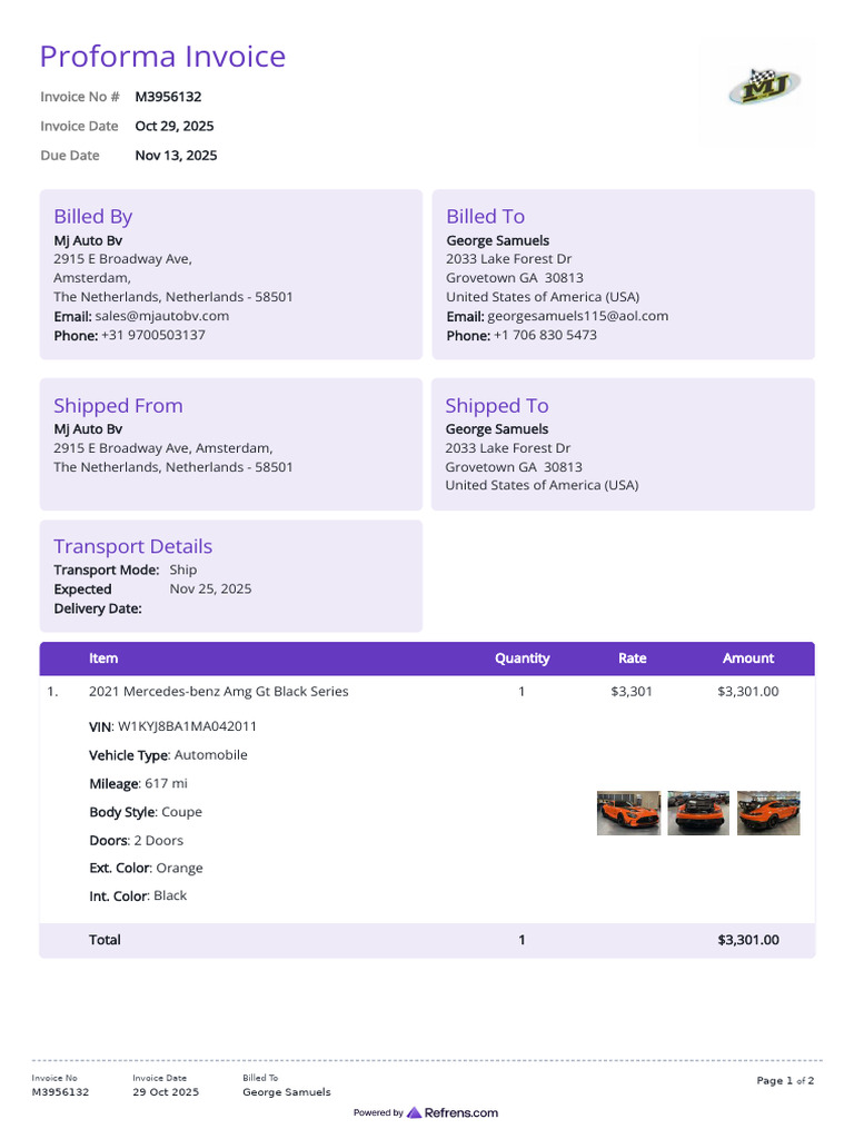 George Samuels Proforma Invoice #M3956132 | PDF | Land Vehicles ...