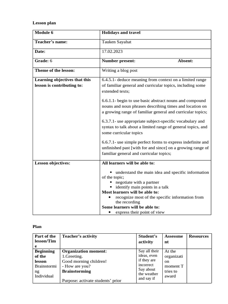 Lesson plan 6 17.02 (копия) | PDF | Curriculum | Lesson Plan