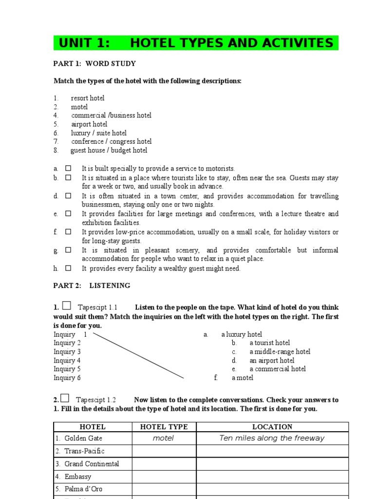 Unit 1 Hotel Types and Activities | Download Free PDF | Hotel | Motel
