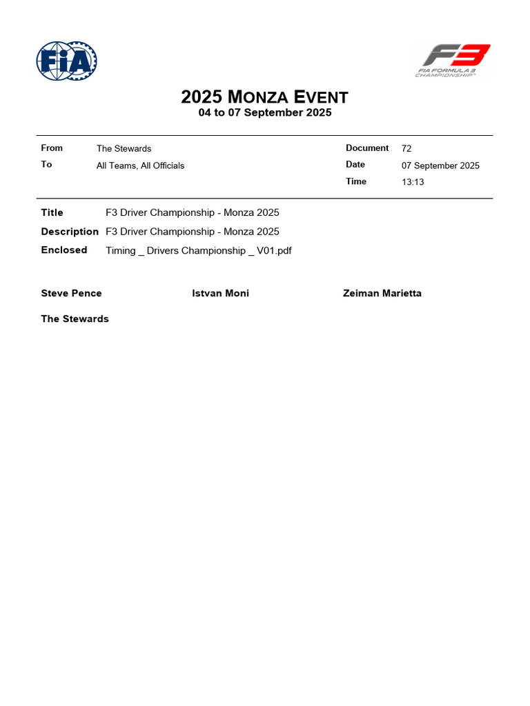 2025 Monza Event - F3 Driver Championship - Monza 2025 | PDF ...