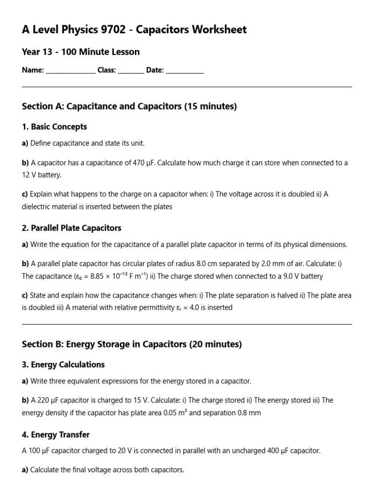A Level Physics Capacitors Worksheet | PDF | Capacitor | Capacitance