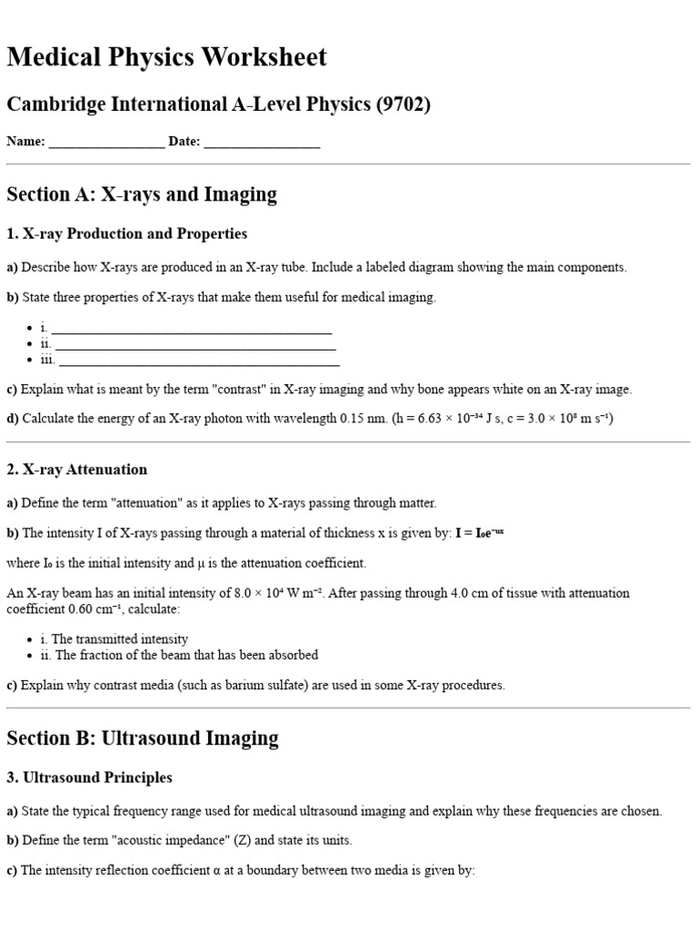 Medical Physics A-Level Worksheet | PDF | Attenuation | Positron ...