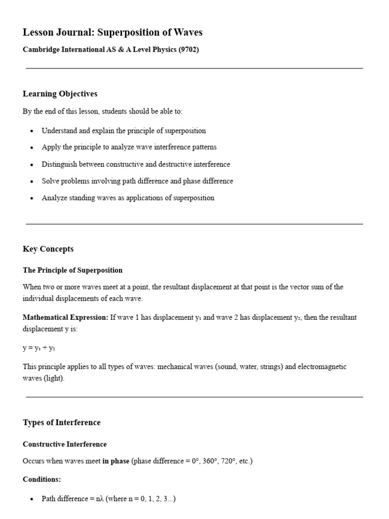 A-Level Physics Lesson Journal_ Superposition | PDF | Waves | Wavelength