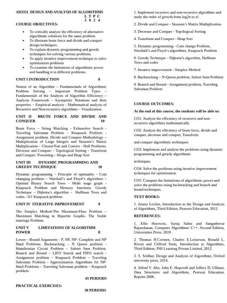 Design and Analysis of Algorithms Course | PDF | Dynamic Programming ...