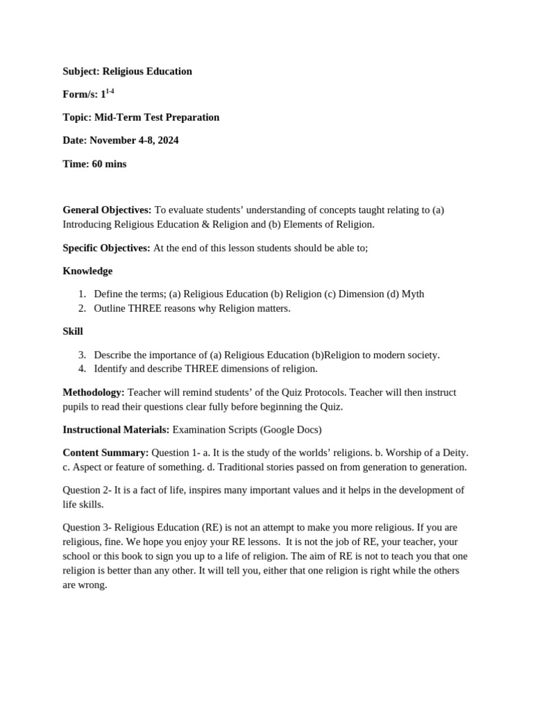 1st RE Preparation TEST November 7-11, 2024 | PDF | Teachers