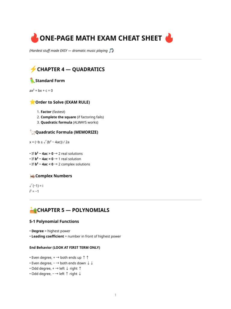 One-Page Math Exam Cheat Sheet | PDF