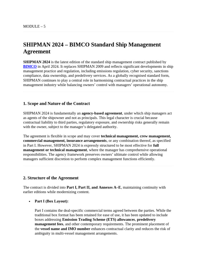 SHIPMAN 2024: BIMCO Ship Management Agreement | PDF | Regulatory ...
