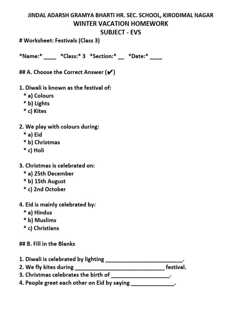 Class 3 EVS Festivals Worksheet | PDF