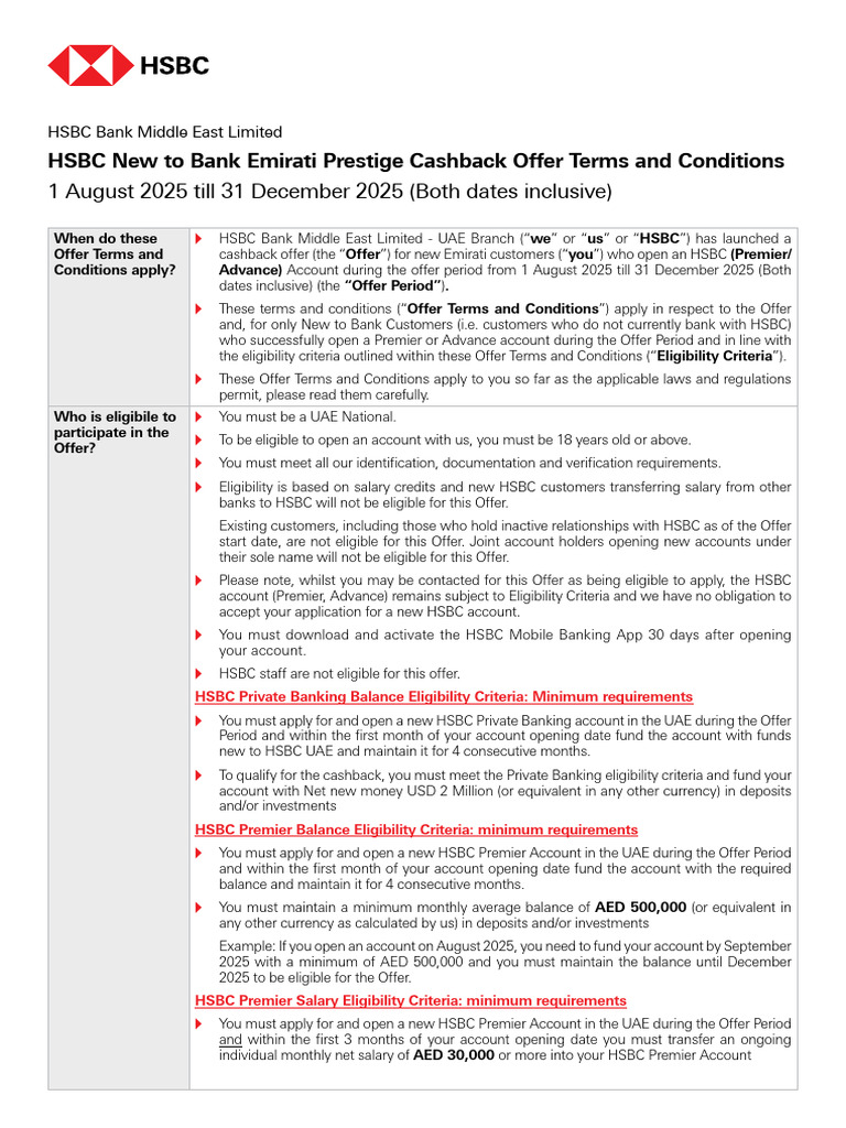 HSBC Emirati Cashback Offer 2025 | PDF | Credit Card | Banks