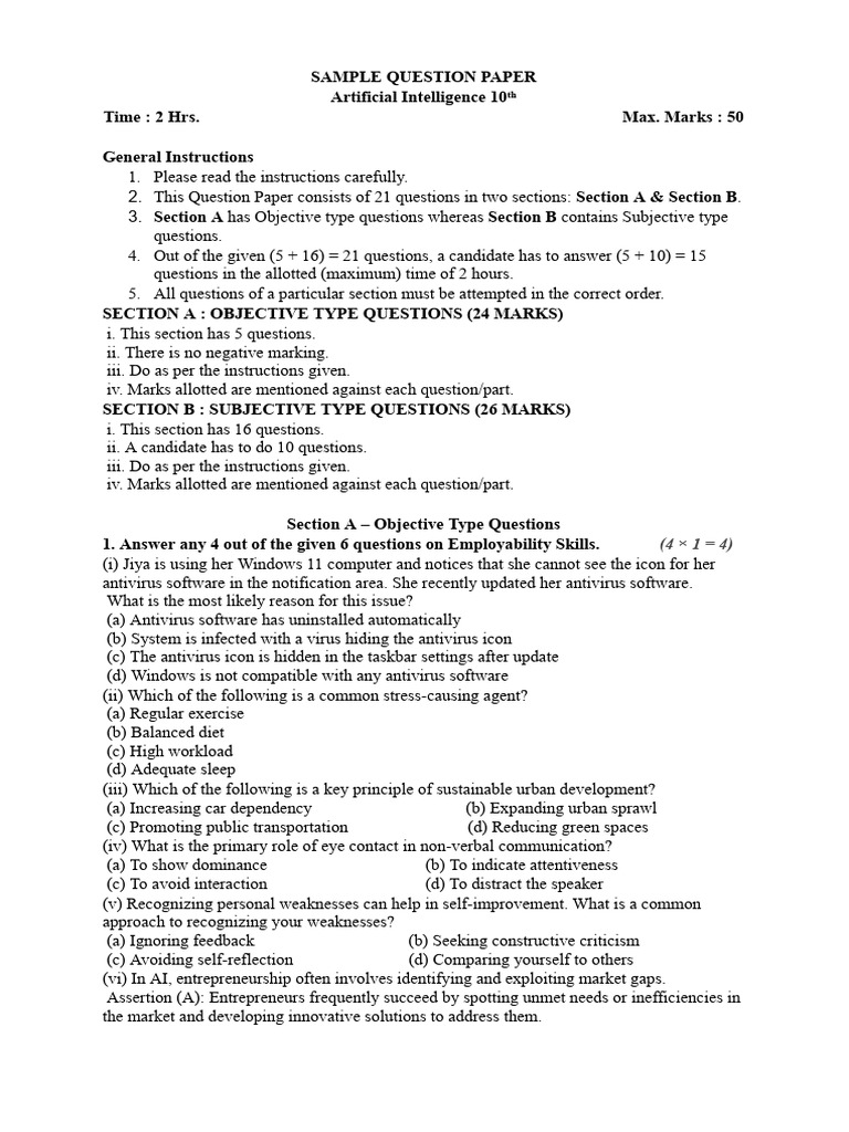AI 10th Grade Sample Question Paper | PDF | Deep Learning | Machine ...