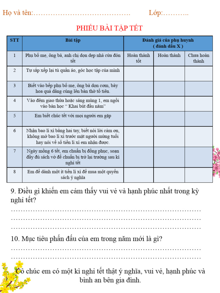 Phiếu Bài Tập Tết - Sen Đá Trợ Giảng.pptx | PDF