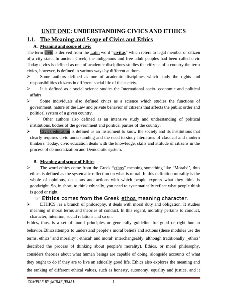 civic handout for 1st year students | PDF | Morality | Value (Ethics)