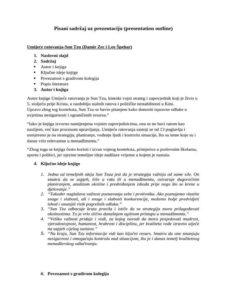 Menadžment-pisani Sadržaj Uz Prezentaciju (Presentation Outline) | PDF