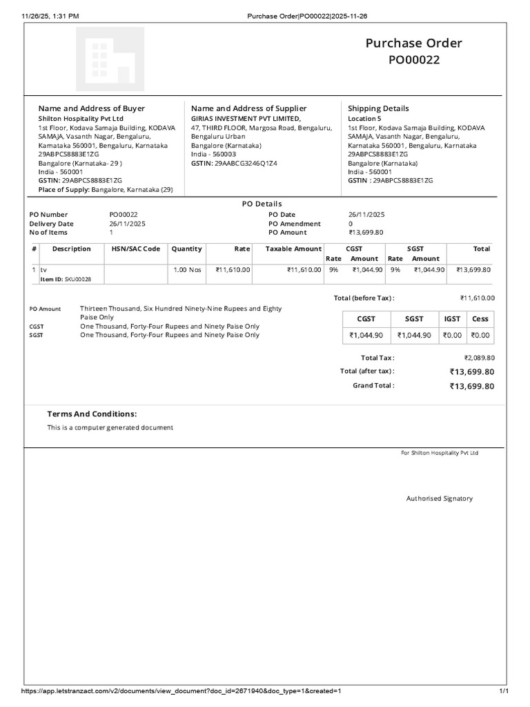 Purchase Order PO00022 Details | PDF | Government | Public Finance