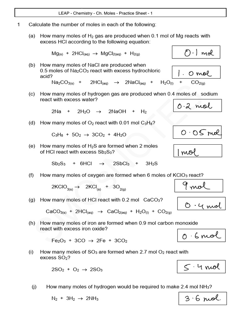 Moles Calculation Practice Exercises | PDF