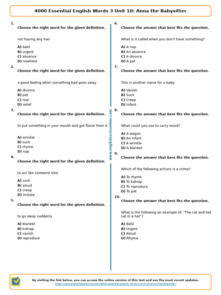 Vocabulary Quiz: Anna the Babysitter | PDF
