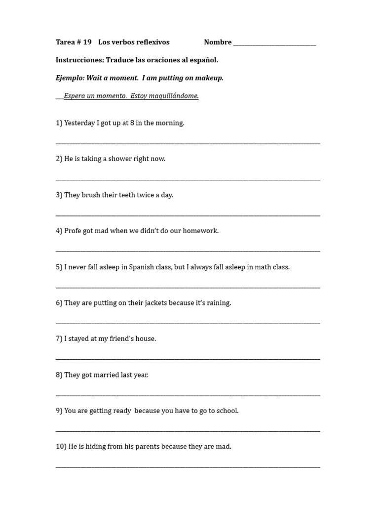 Reflexive Verbs Translation Exercise | PDF