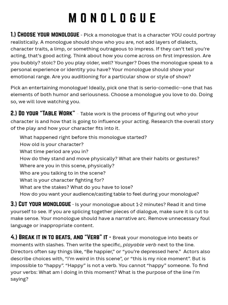 Monologue Tips For Young Actor Theatre Assignments Sub Notes | PDF ...