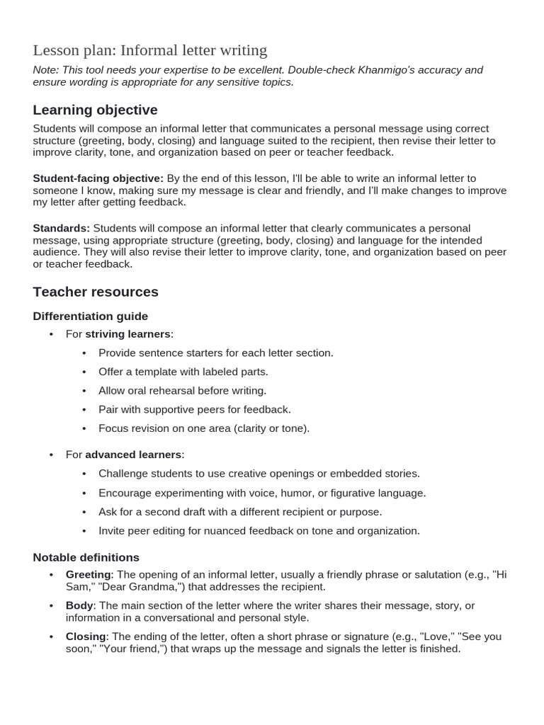 Lesson plan_ Informal letter writing | PDF | Human Communication | Learning