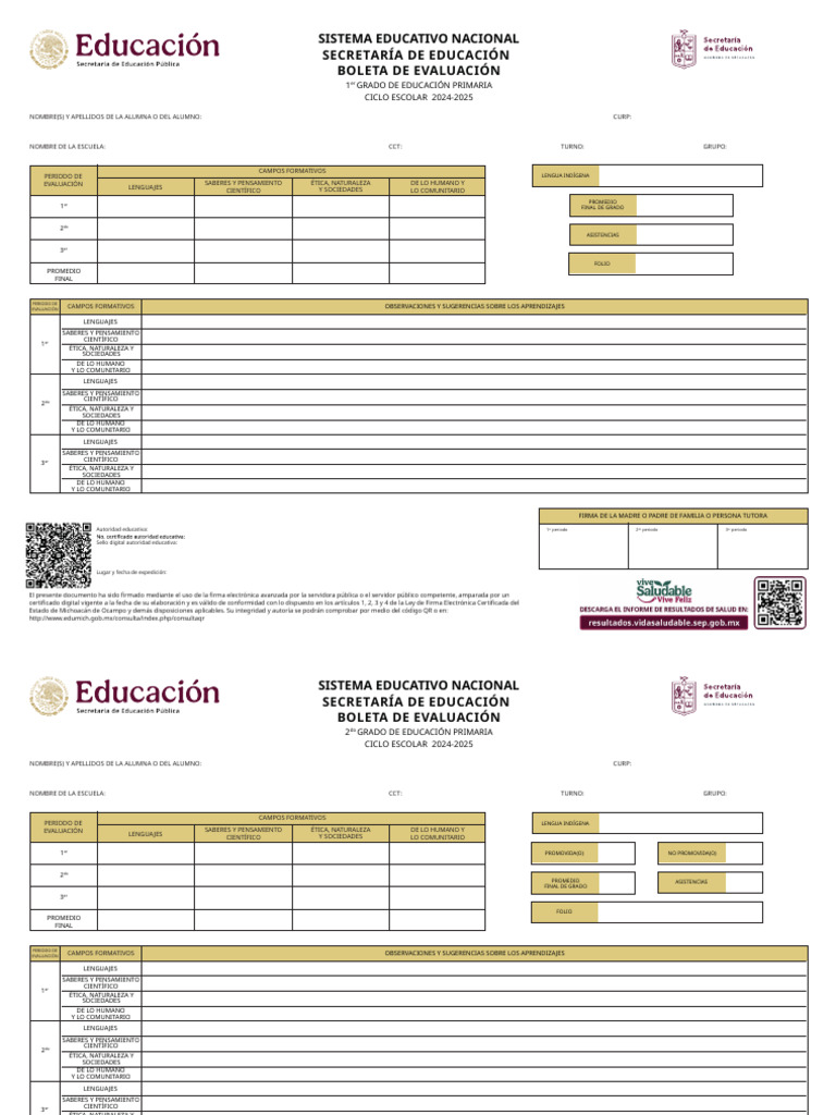 Boleta de Evaluación Primaria 2024-2025 | PDF | Educación primaria ...