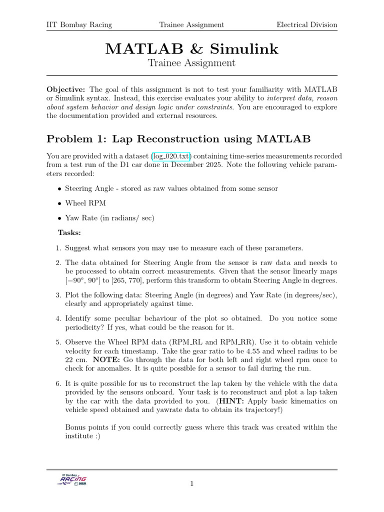 IIT Bombay Racing MATLAB Trainee Assignment | PDF | Applied Mathematics