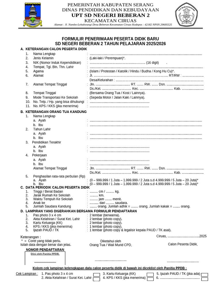 Formulir Pendaftaran SD Beberan 2 2025/2026 | PDF