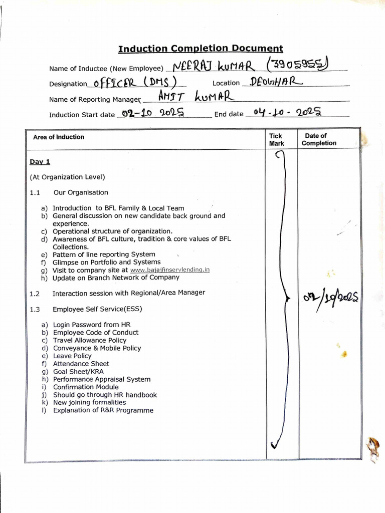 Induction Completion Document Neeraj | PDF