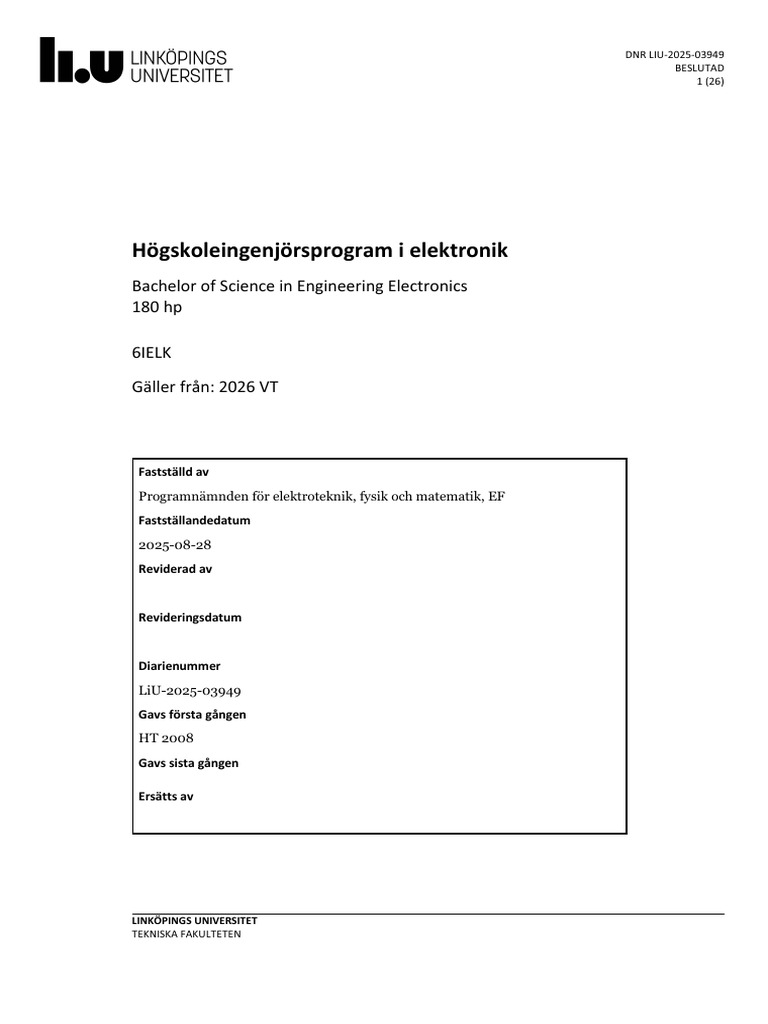 Utbildningsplan Högskoleingenjörsprogram i elektronik | PDF