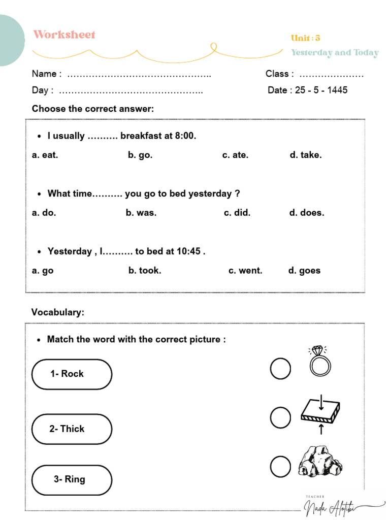 English Worksheet: Yesterday and Today | PDF